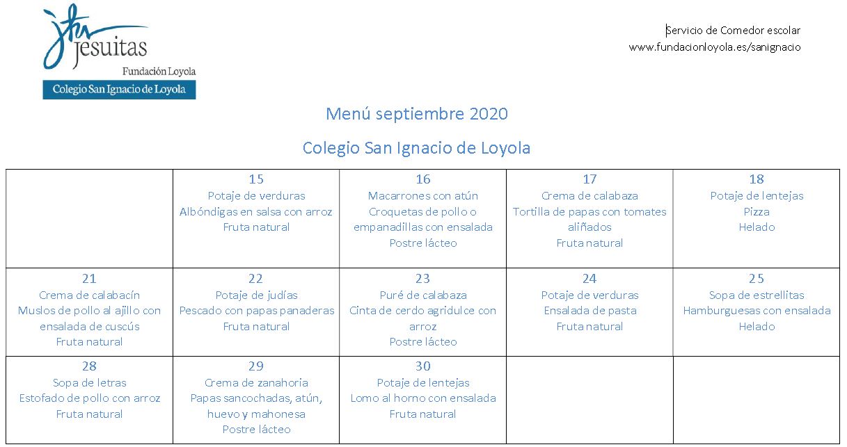 Disponible el menú de septiembre de nuestro comedor - Fundación Loyola